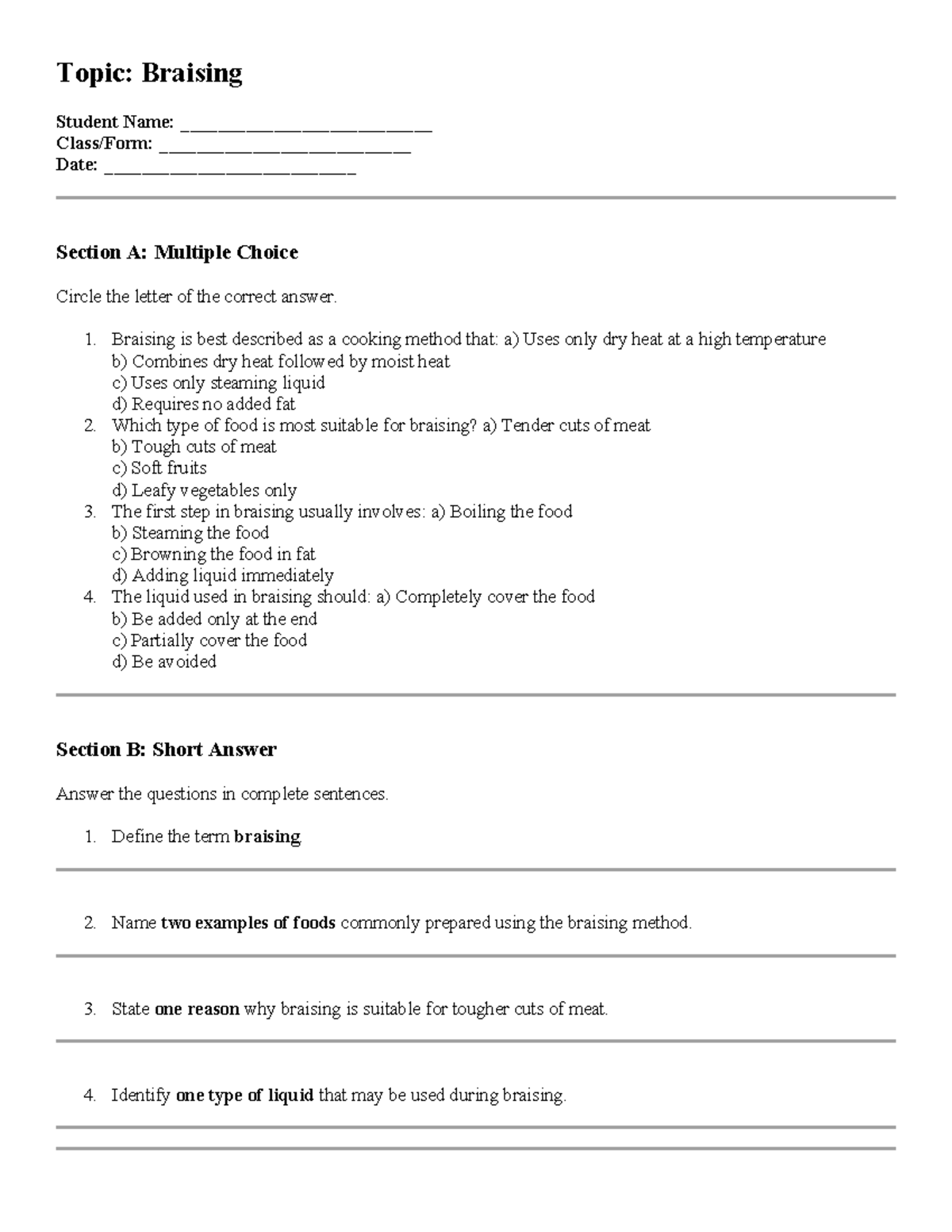 Braising Techniques Worksheet - Culinary Arts 101 - Studocu