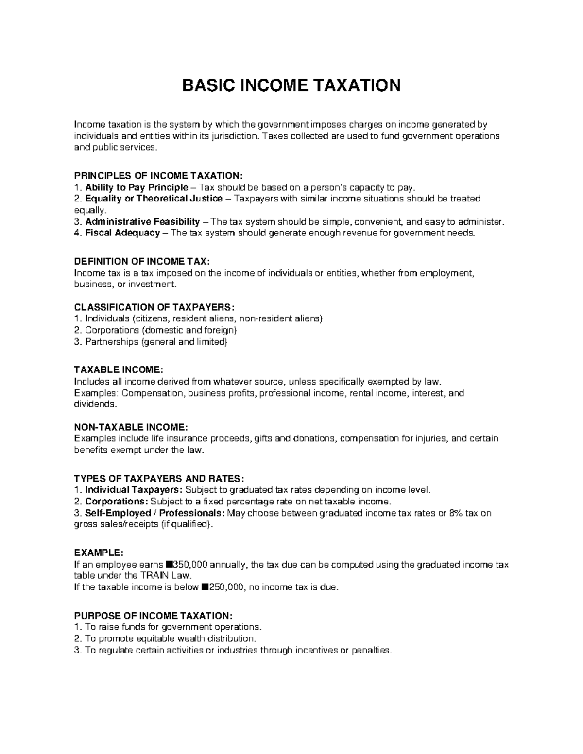 BASIC INCOME TAXATION: Principles, Types, and Purpose Explained - Studocu