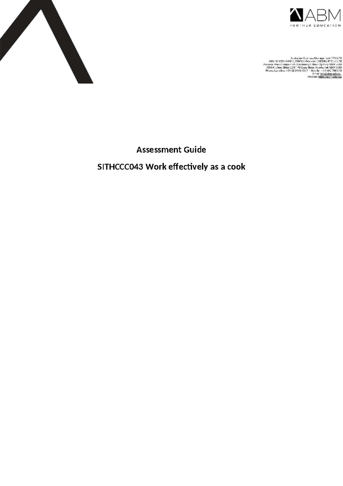 SITHCCC043 Assessment Guide: Effective Cooking Practices - Studocu