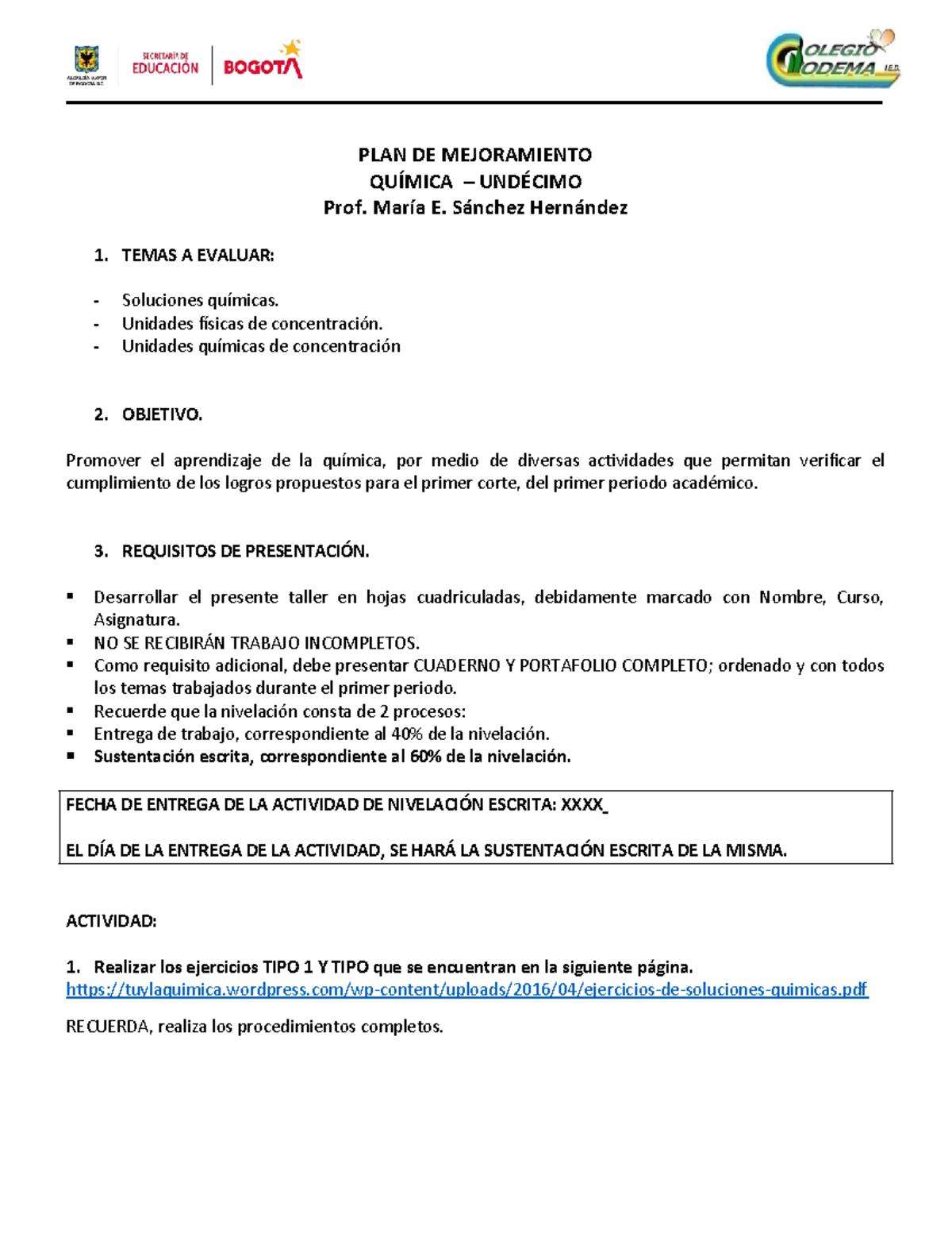 Plan de Mejoramiento Química Undécimo - Primer Corte - Studocu