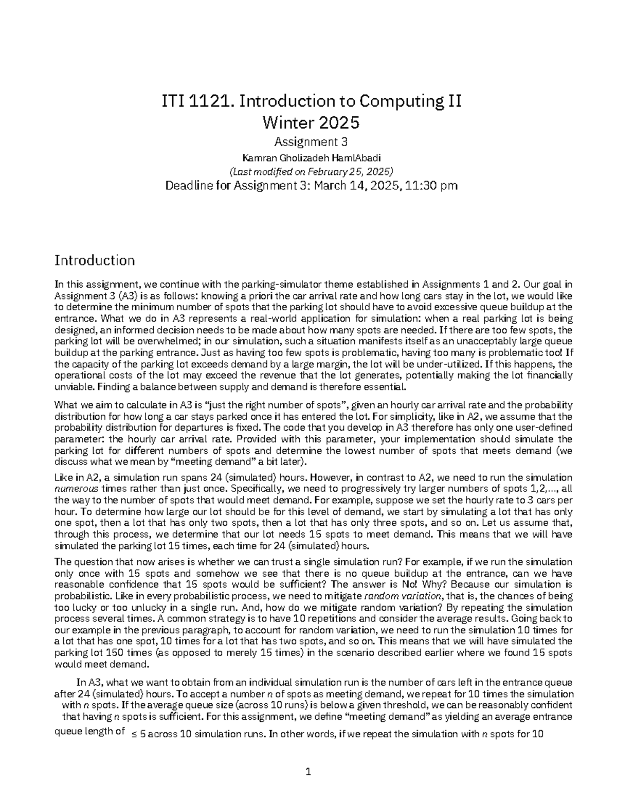 ITI 1121. A3: Car Parking Lot Simulation Assignment Overview - Studocu