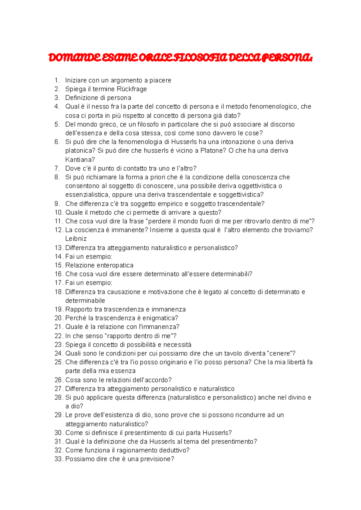 Domande Esame Orale di Filosofia della Persona: Analisi Fenomenologica ...