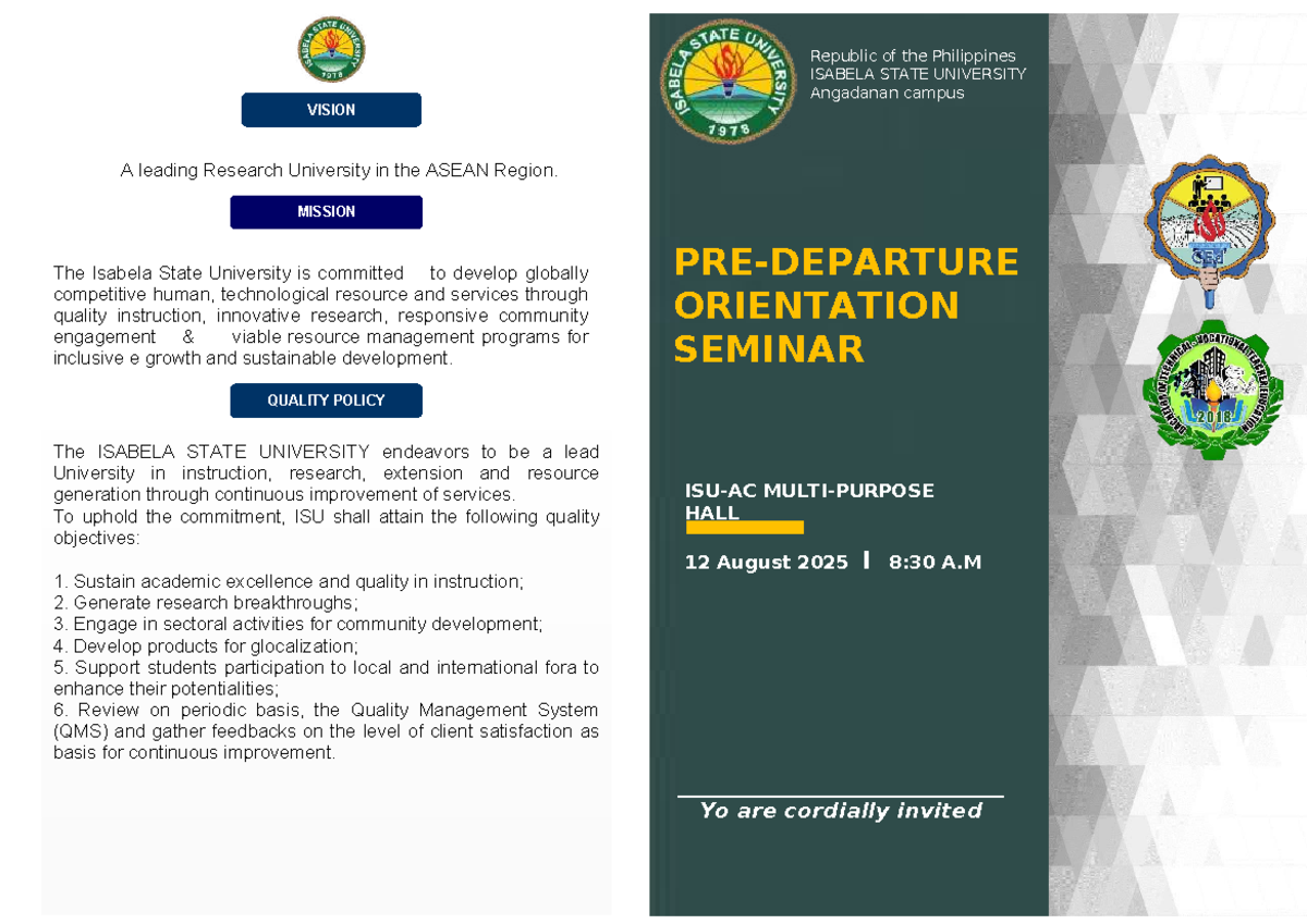 PDOS Orientation Seminar at Isabela State University - Aug 2025 - Studocu