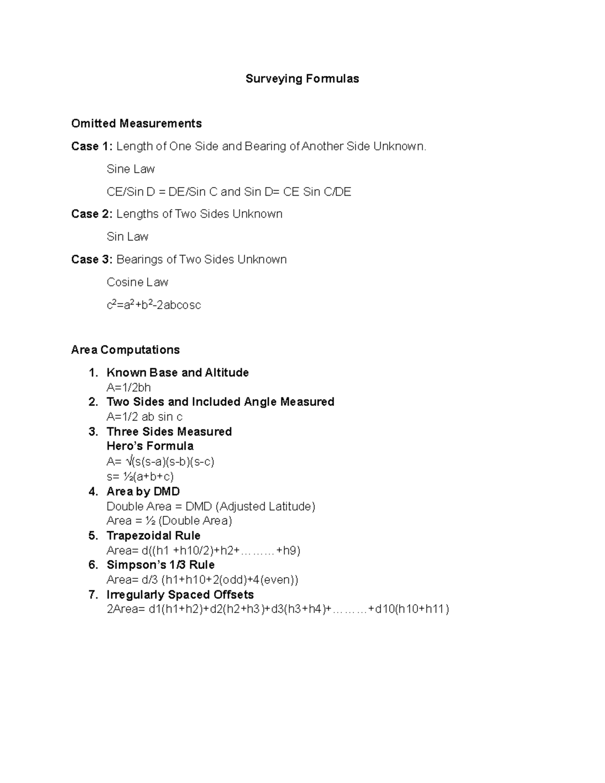 Surveying Formulas - Surveying Formulas Omitted Measurements Case 1 ...