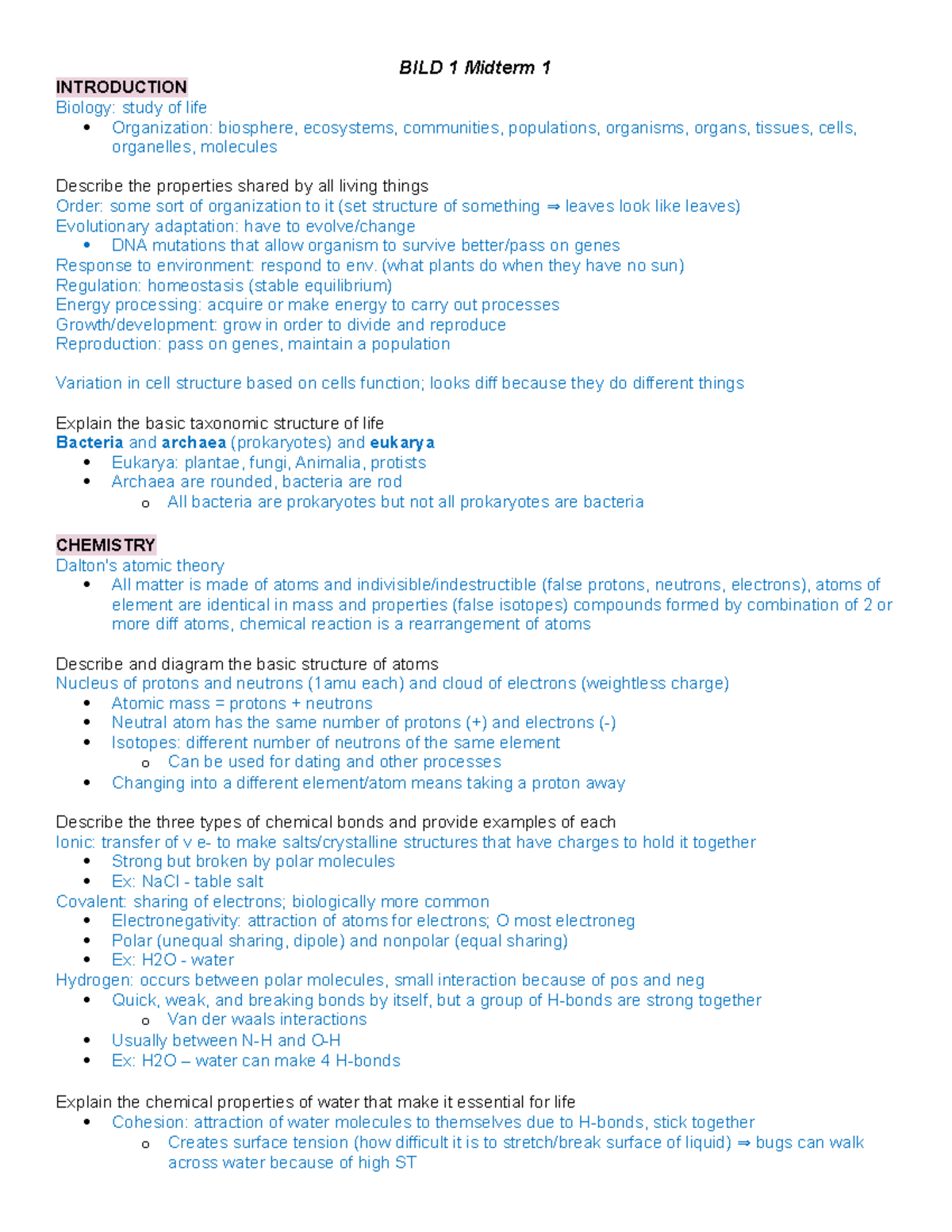 Midterm 1 Study Guide - BILD 1 Midterm 1 INTRODUCTION Biology: study of ...