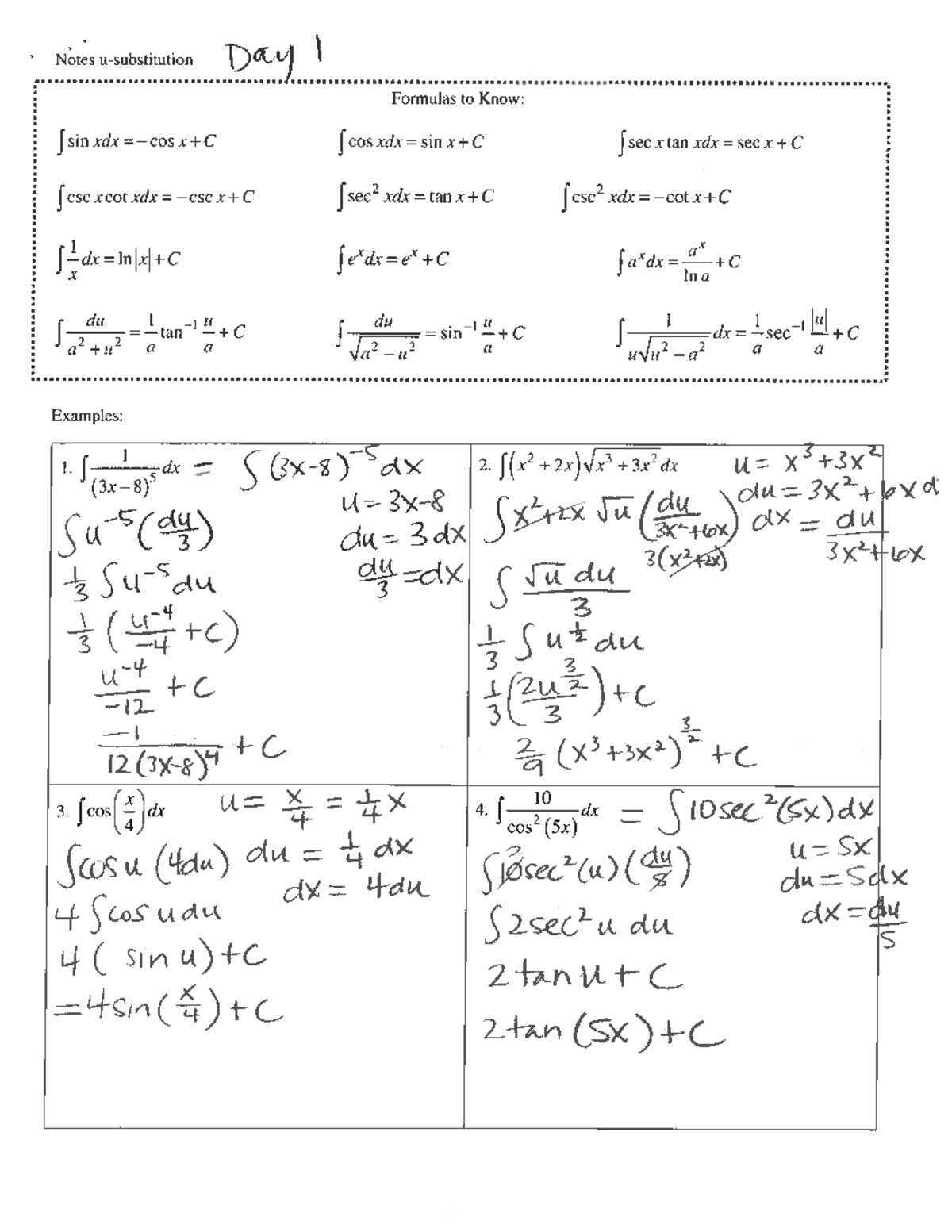 U-Substitution Day 1 Notes: Key Formulas and Examples - Studocu