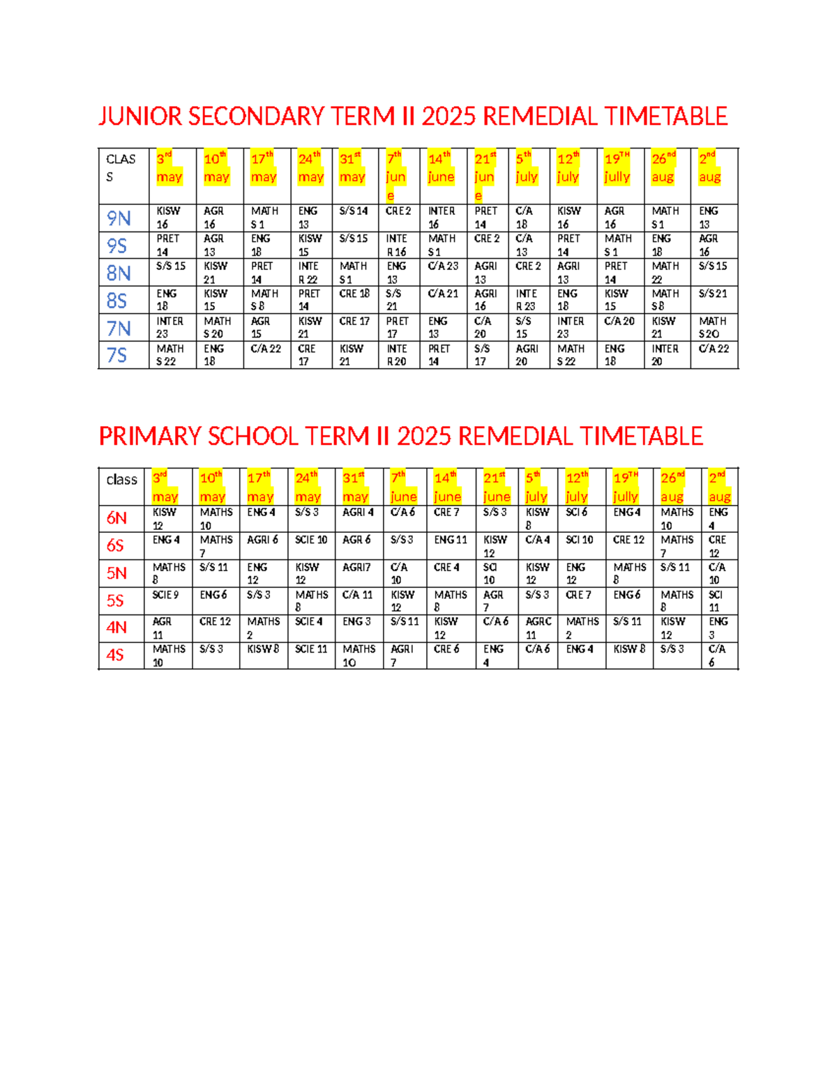 JUNIOR & PRIMARY SCHOOL TERM II 2025 REMEDIAL TIMETABLE - Studocu