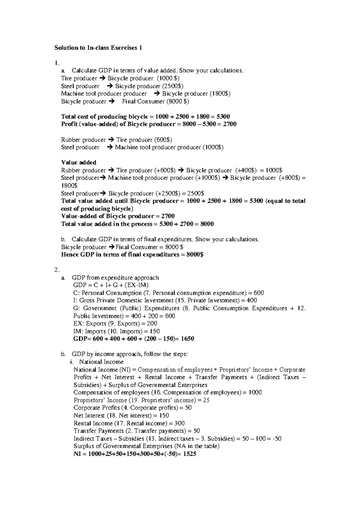 Exercises 1 Solutions - GDP Calculation Methods and Value Added Analysis - Studocu