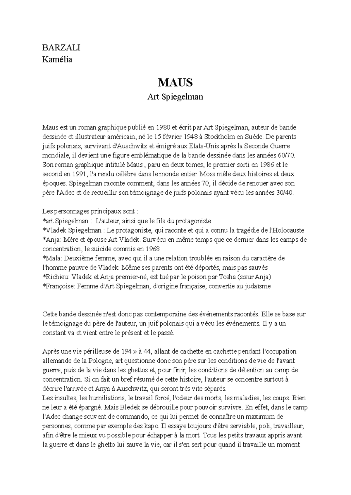 Fiche de Lecture: Analyse de "Maus" par Art Spiegelman - Studocu