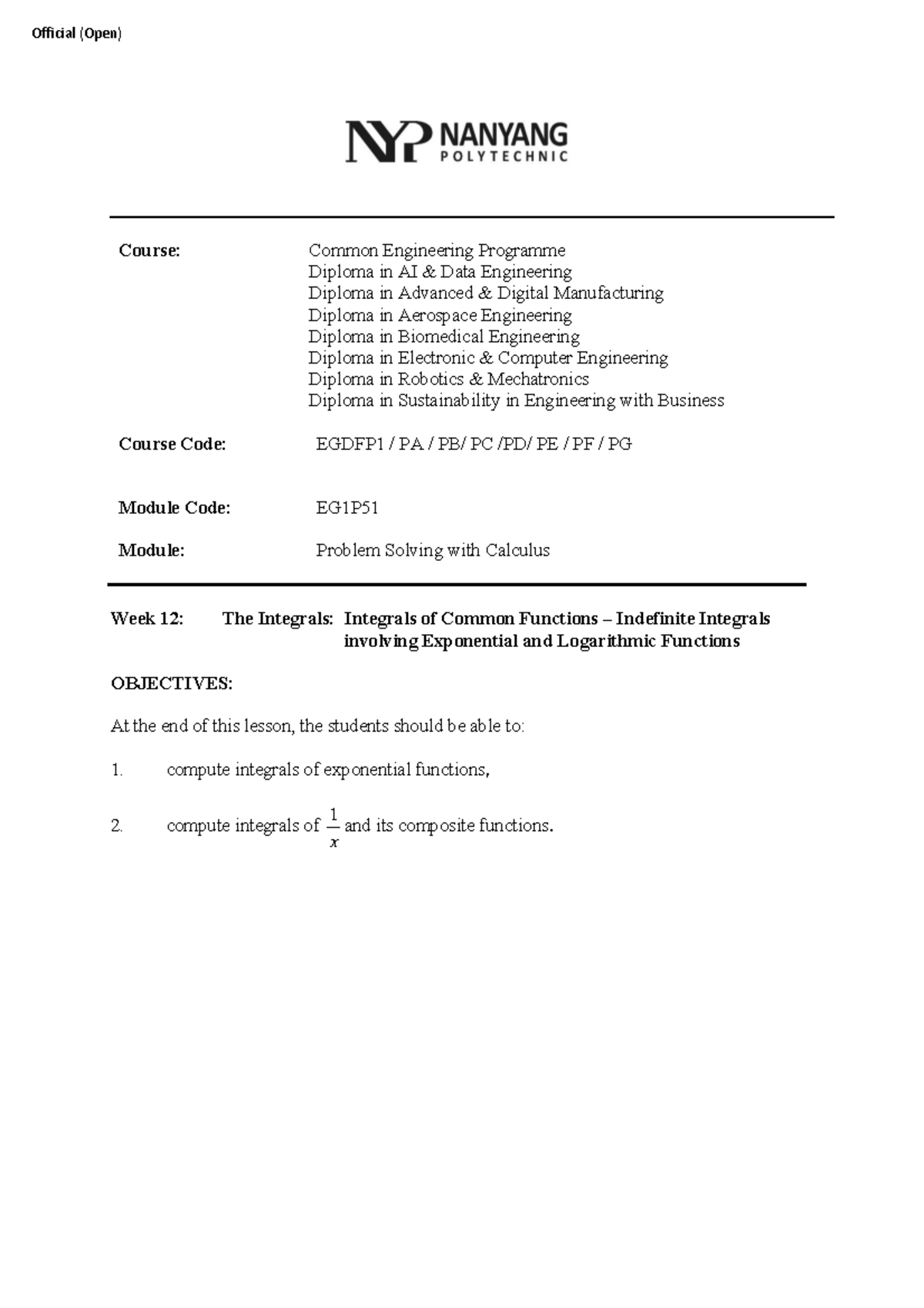 Week 12: Indefinite Integrals of Exponential & Log Functions (EG1P51 ...