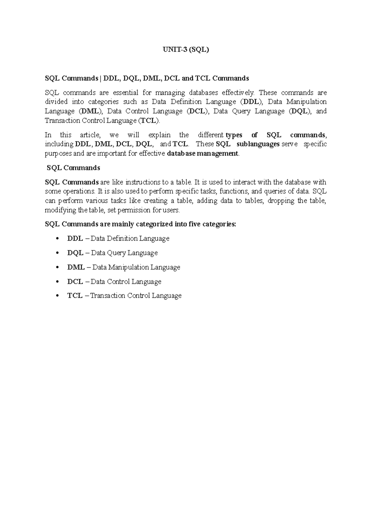 (SQL) Comprehensive Guide to SQL Commands: DDL, DML, DQL, DCL, TCL - Studocu