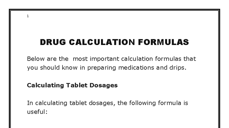 Drug Calculation Formulas for Medications and IV Fluids - Studocu