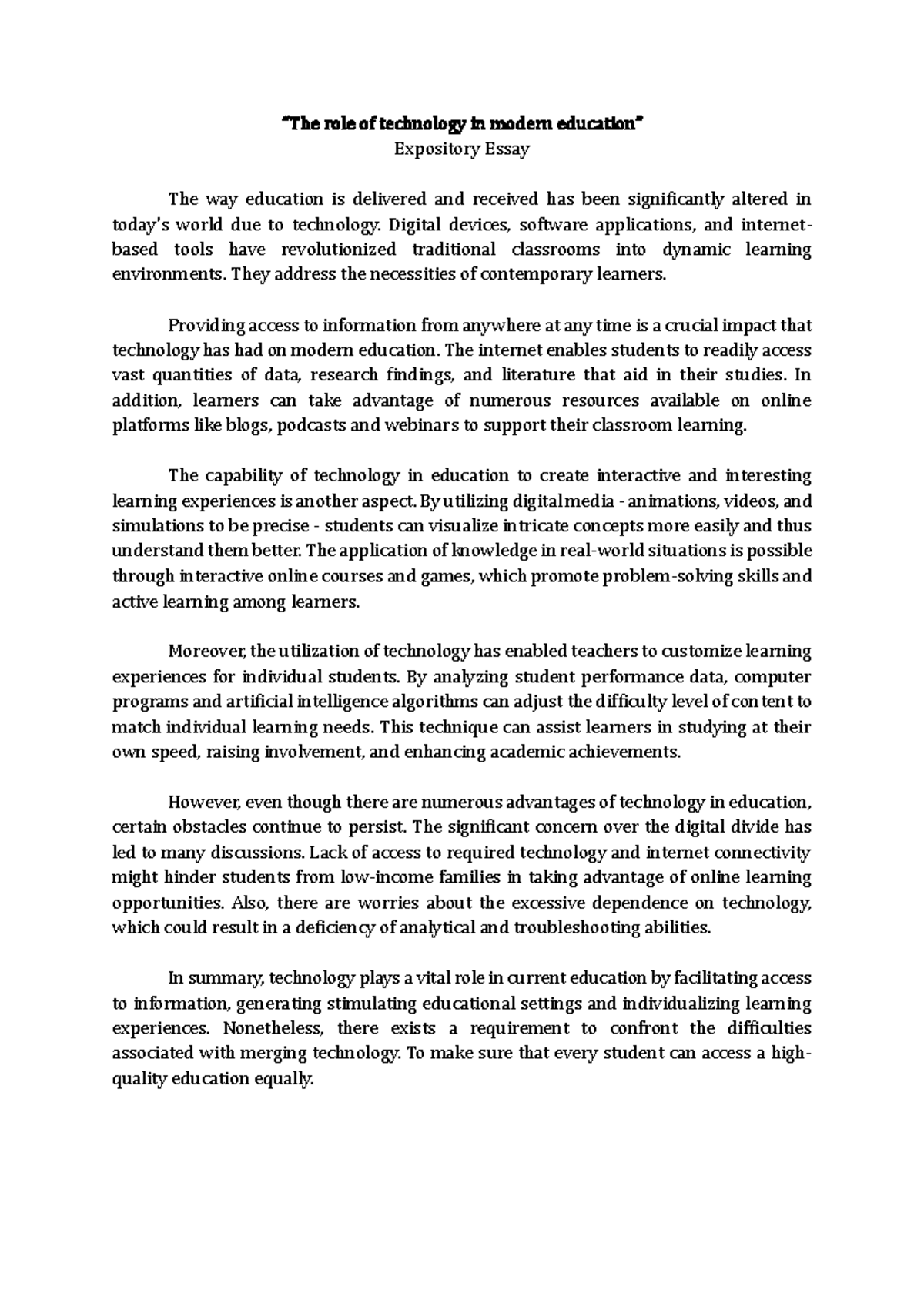 Expository Essay - Technology's Impact on Modern Education - Studocu