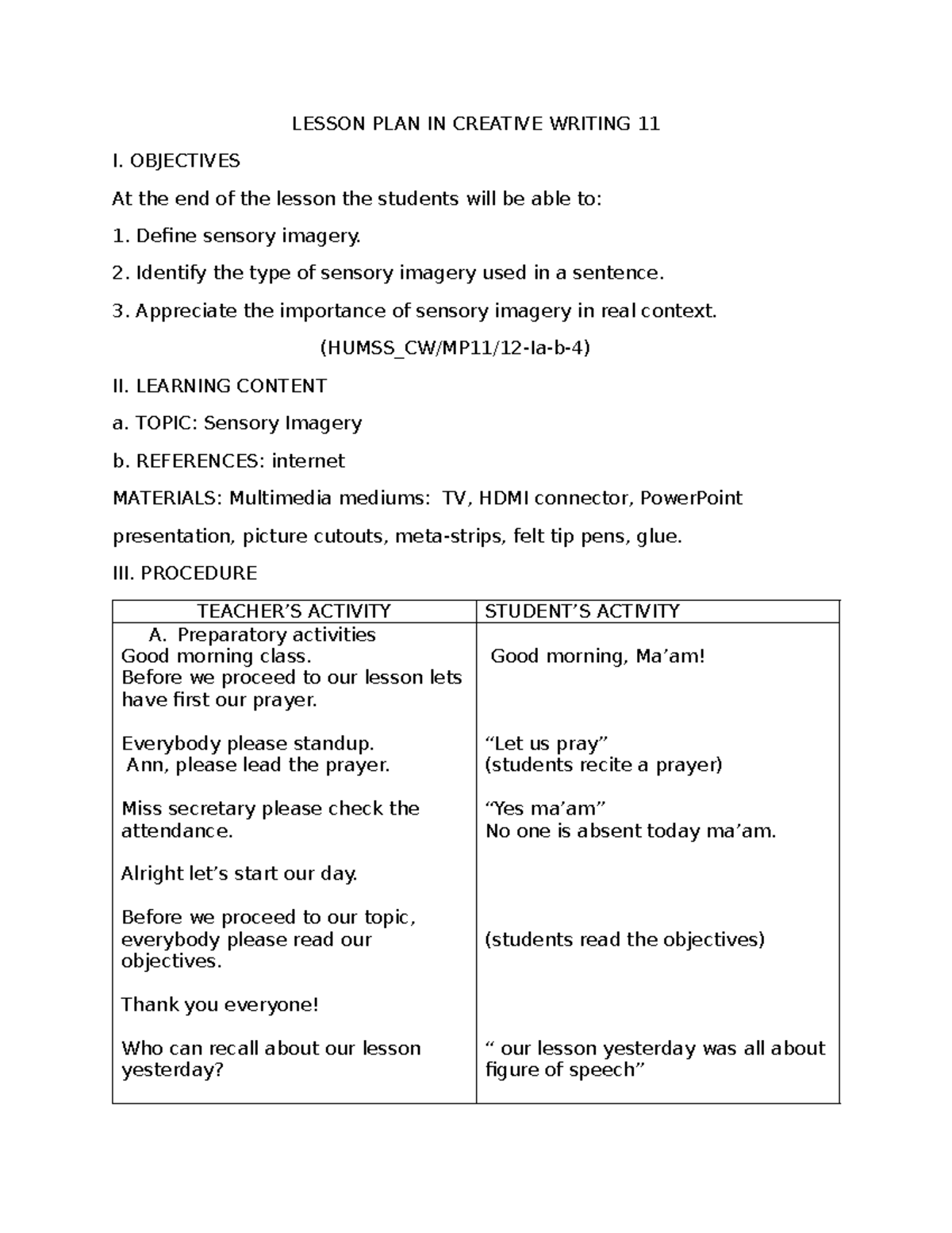 HUMSS_CW/MP11/12 Lesson Plan: Understanding Sensory Imagery - Studocu