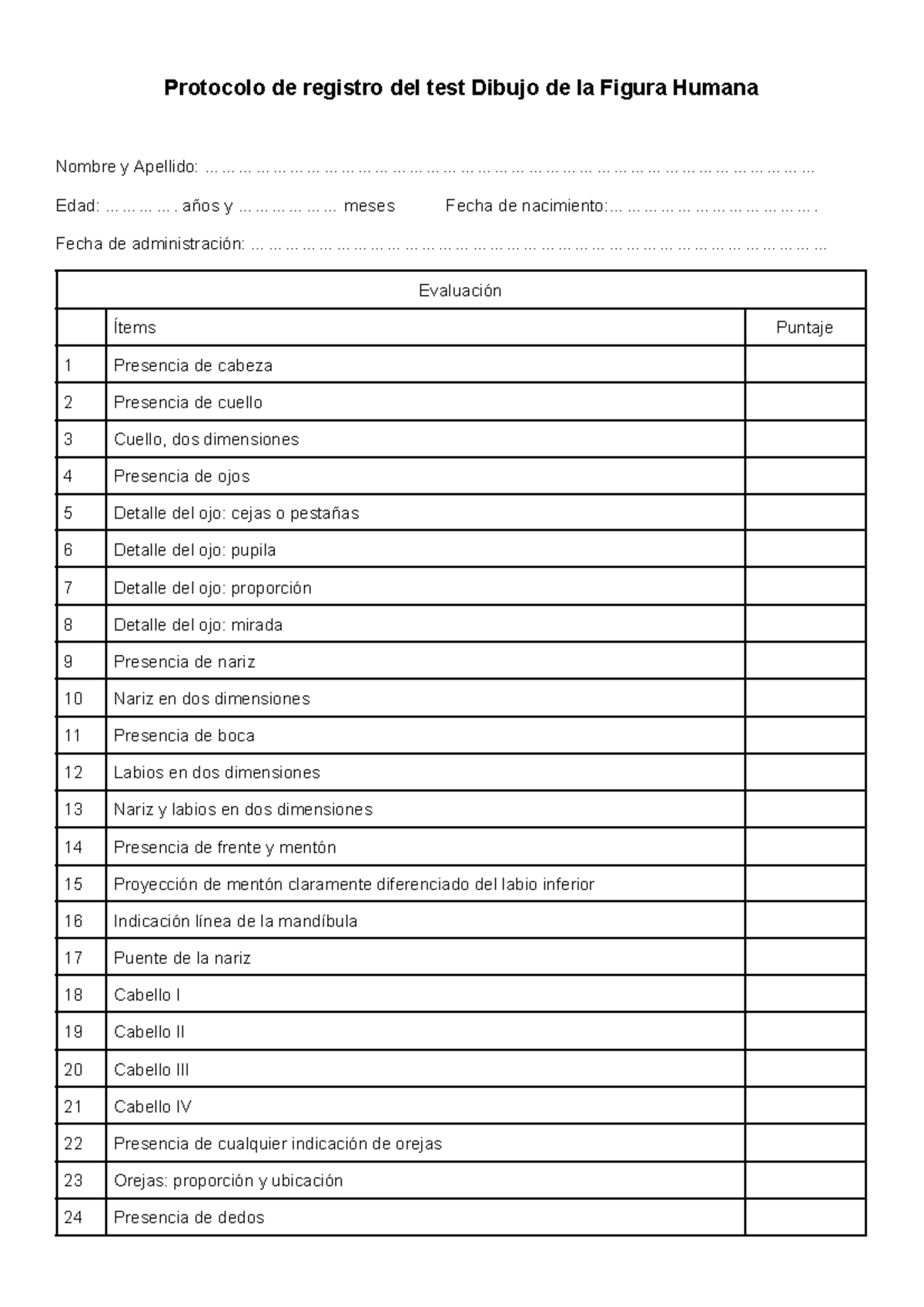 Protocolo DFH: Evaluación del Test Dibujo de la Figura Humana - Studocu