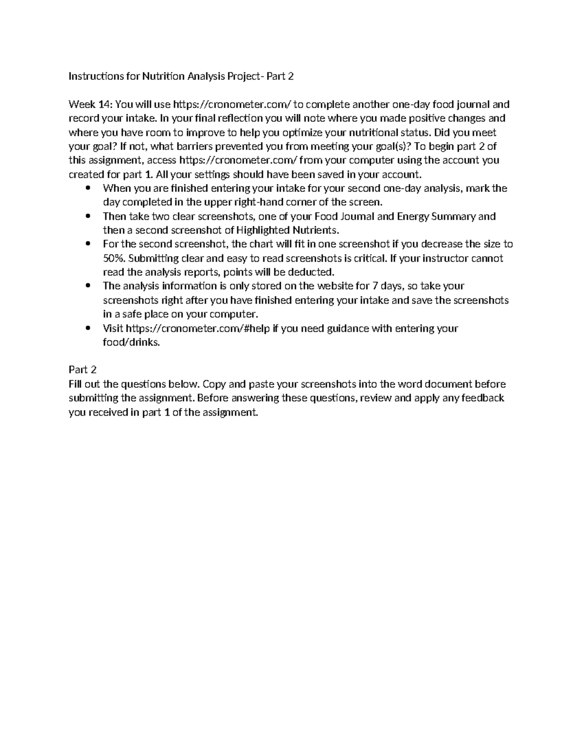 SCI 131 Nutrition Project Part 2: Food Journal Analysis & Reflection ...