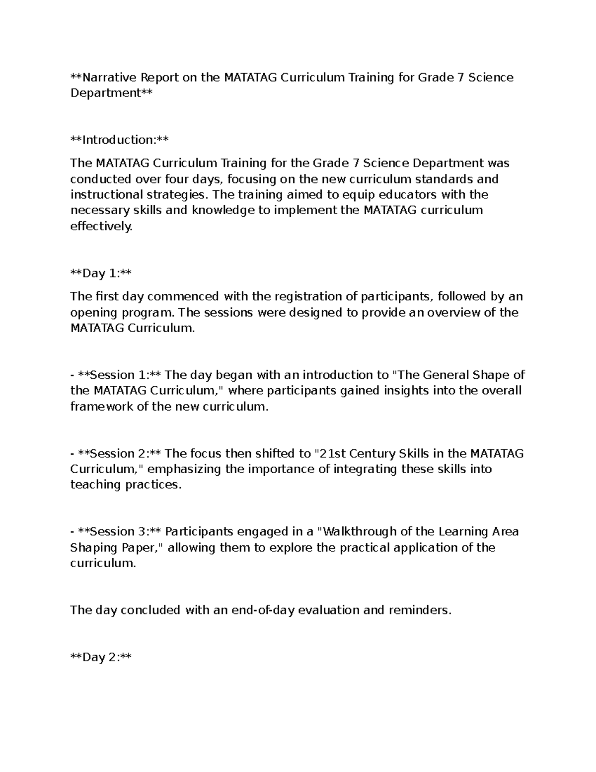 MATATAG Curriculum Training Report for Grade 7 Science Dept. - Studocu