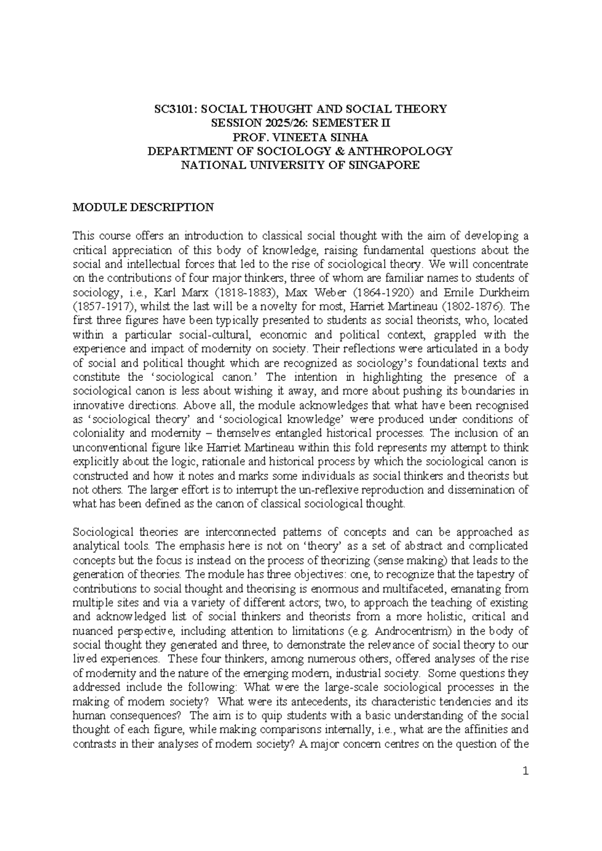 SC3101: Social Thought & Theory - Module Outline for Semester II - Studocu