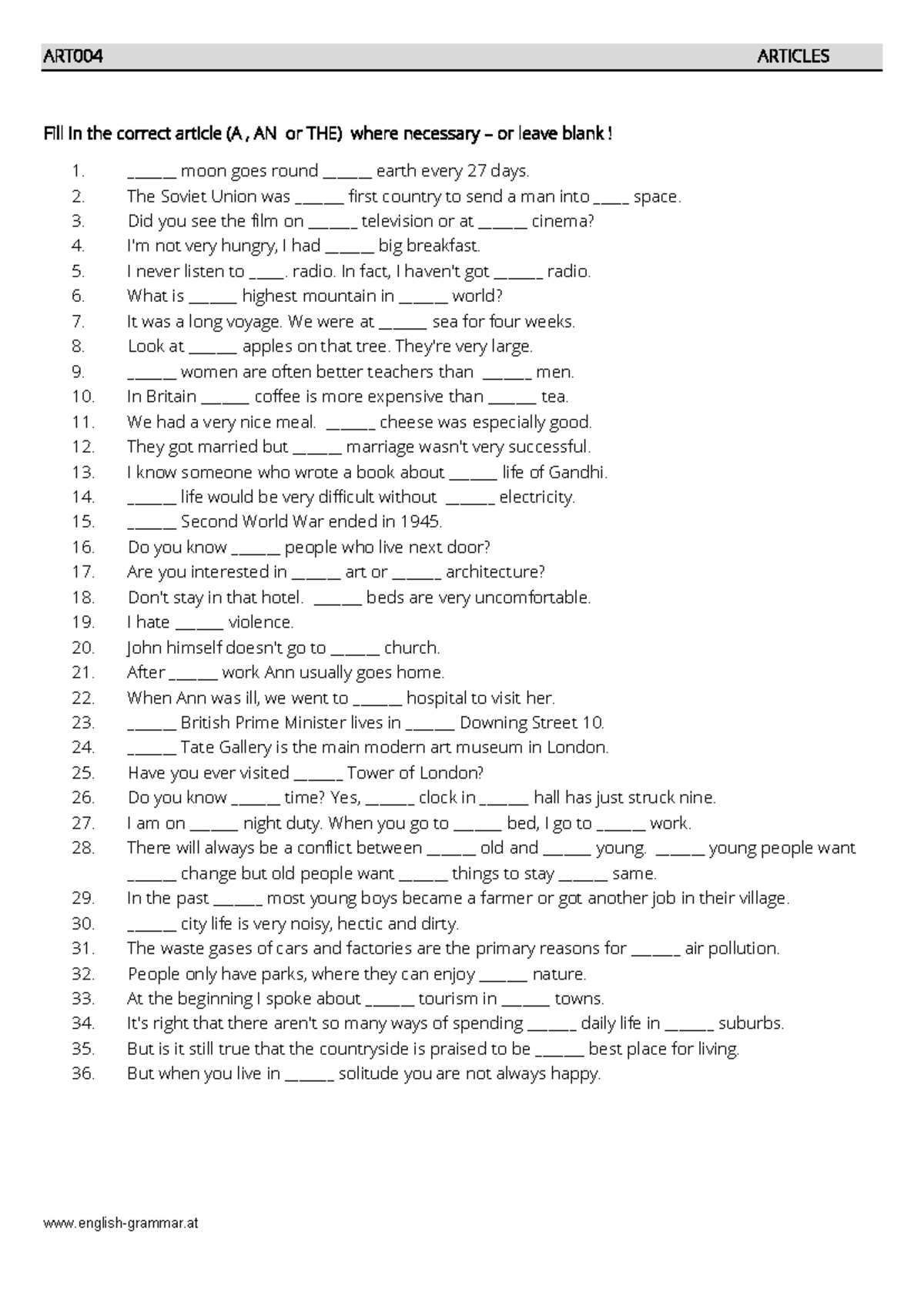 ART004 Definite and Indefinite Articles Practice Exercise - Studocu