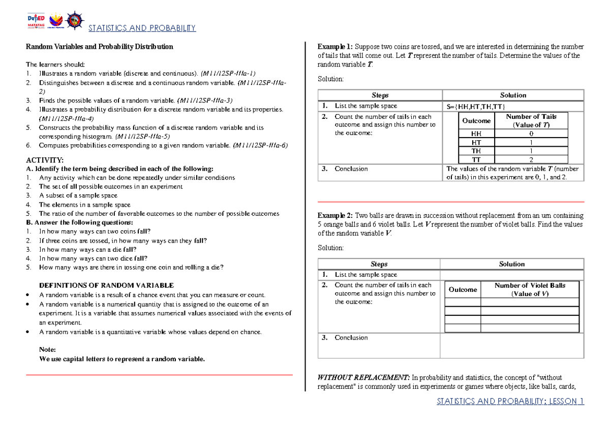 Statistics and Probability Q3 L1 Students Copy - Random Variables and Probability Distribution ...