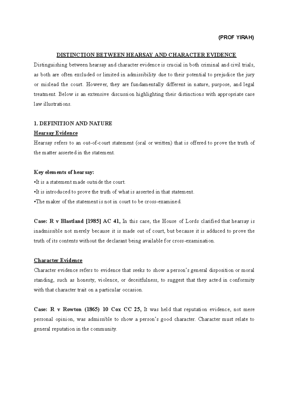 (PROF YIRAH) Distinction Between Hearsay and Character Evidence in ...