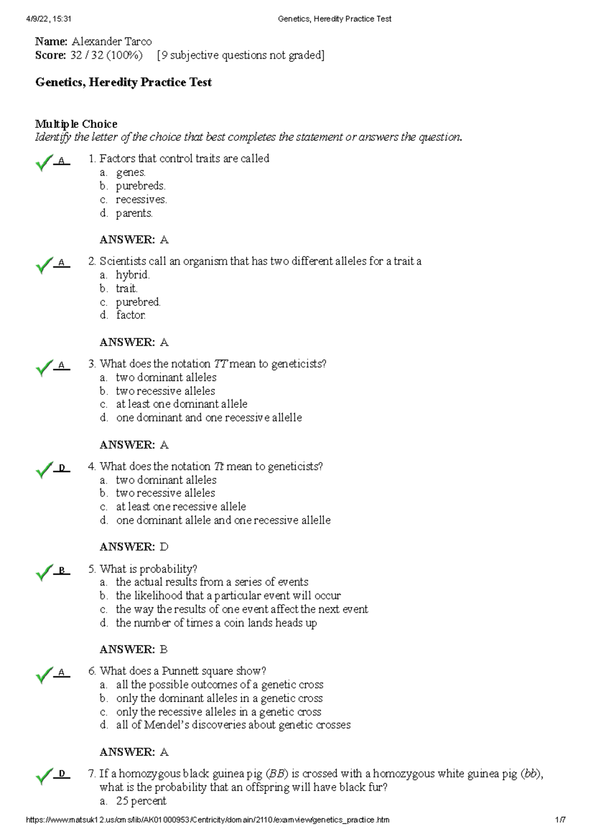 Genetics, Heredity Practice Test - Multiple Choice Identify the letter ...
