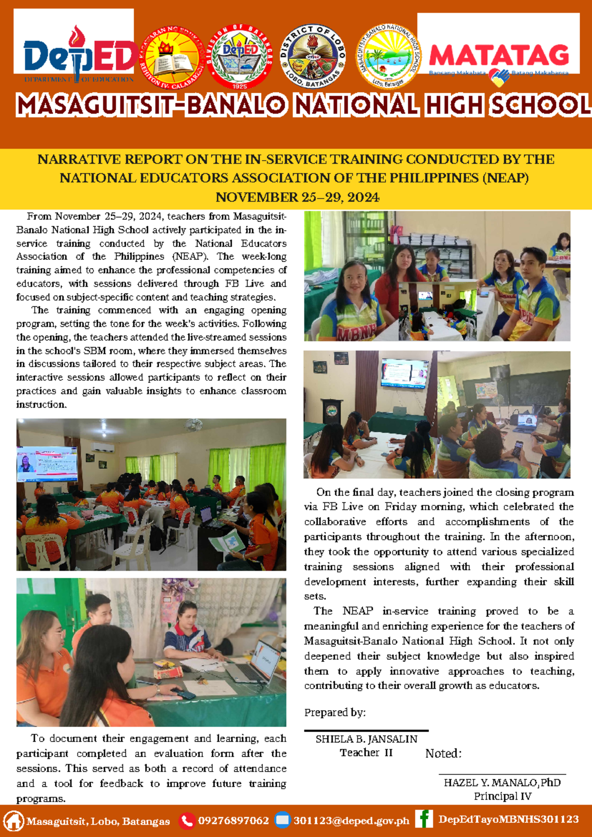 NEAP In-Service Training Narrative Report - Nov 2024 - Studocu