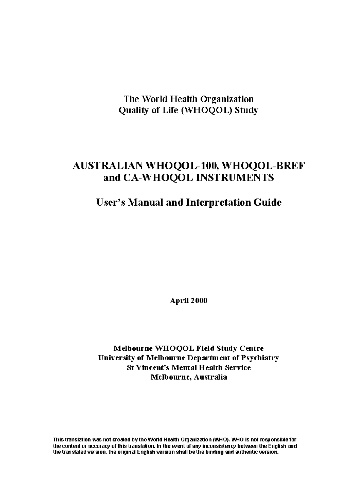 Australian WHOQOL-100 & BREF Manual and Interpretation Guide - Studocu