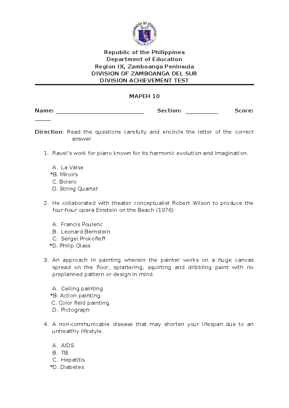 MAPEH 10 Division Achievement Test Questionnaire - Studocu