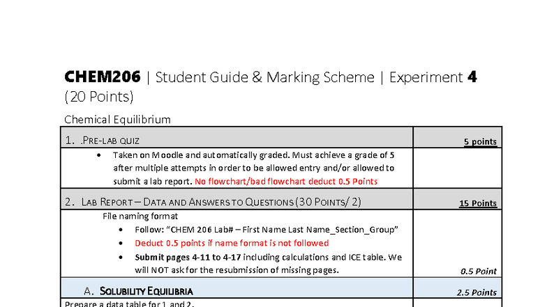 CHEM206 Lab 4 Guidelines: Marking Scheme & Experiment Details - Studocu