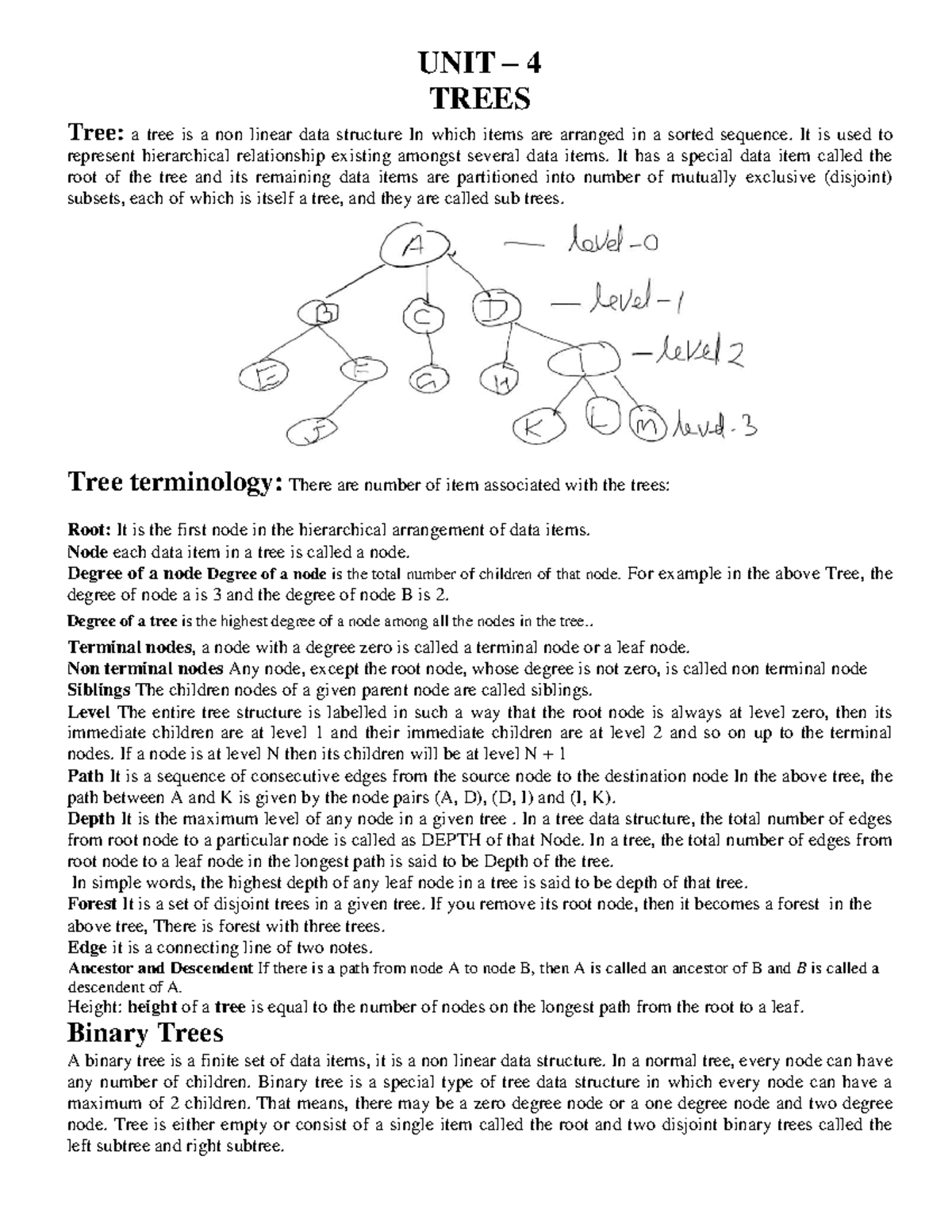DS 201: UNIT 4 - Trees and Binary Tree Concepts - Studocu