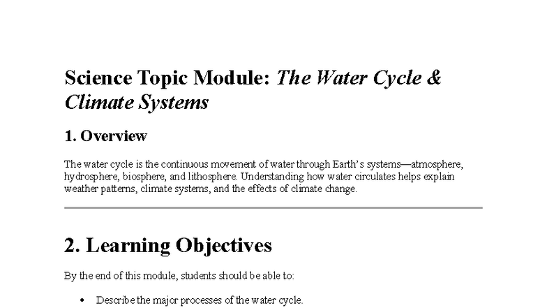 Science Topic Module: The Water Cycle - Climate Systems 1 - Studocu