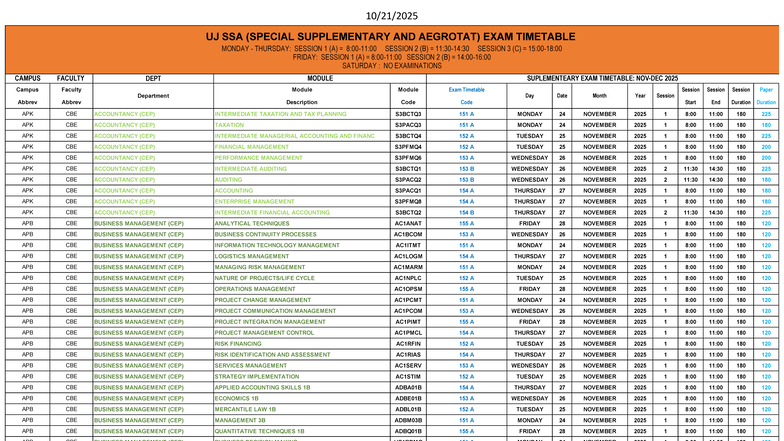 UJ SSA (SPECIAL SUPPLEMENTARY AND AEGROTAT) EXAM TIMETABLE 2025 - Studocu