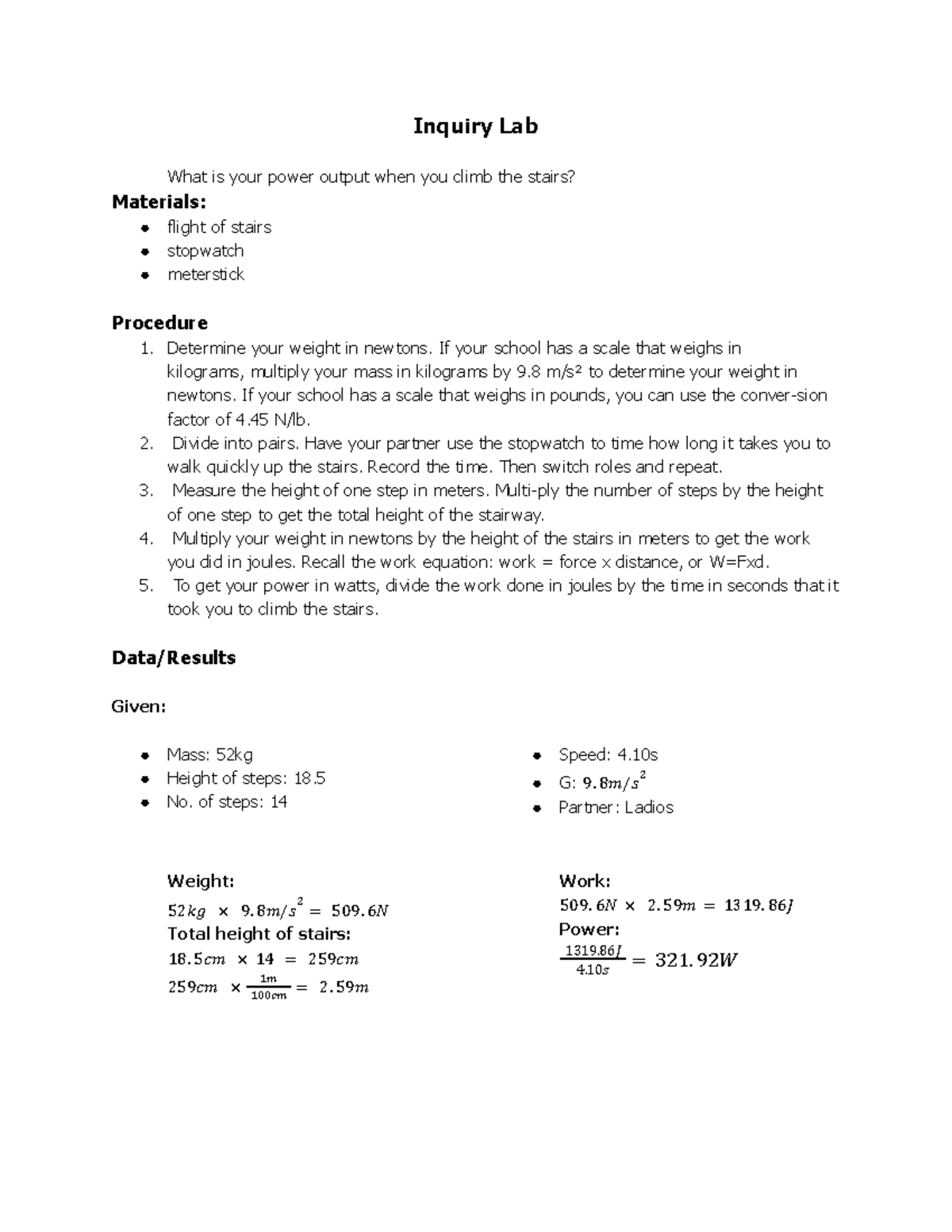 Inquiry Lab - Power - Inquiry Lab What is your power output when you ...