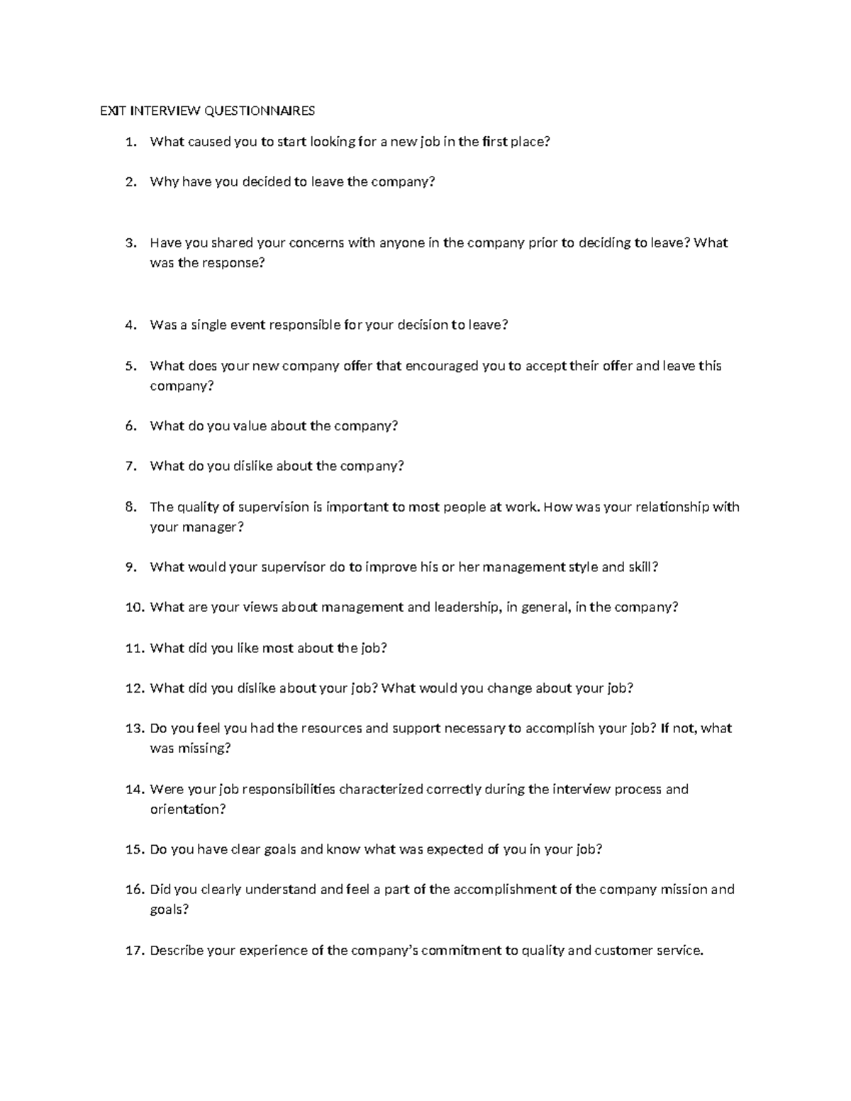 EXIT Interview Questionnaires: Key Insights and Reflections - Studocu