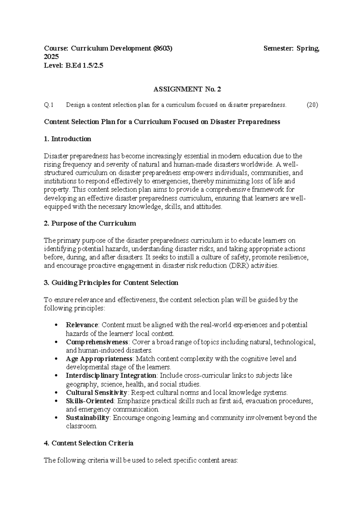 Disaster Preparedness Curriculum Content Selection Plan (8603) - Studocu