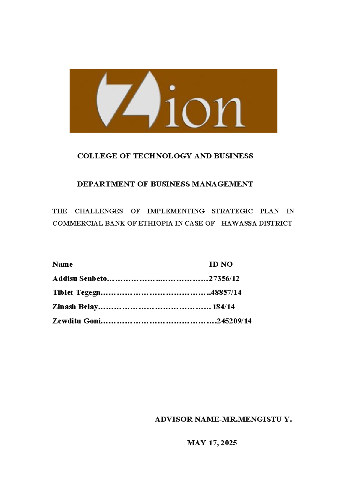 Thesis Proposal: Challenges of Strategic Plan Implementation at CBE ...