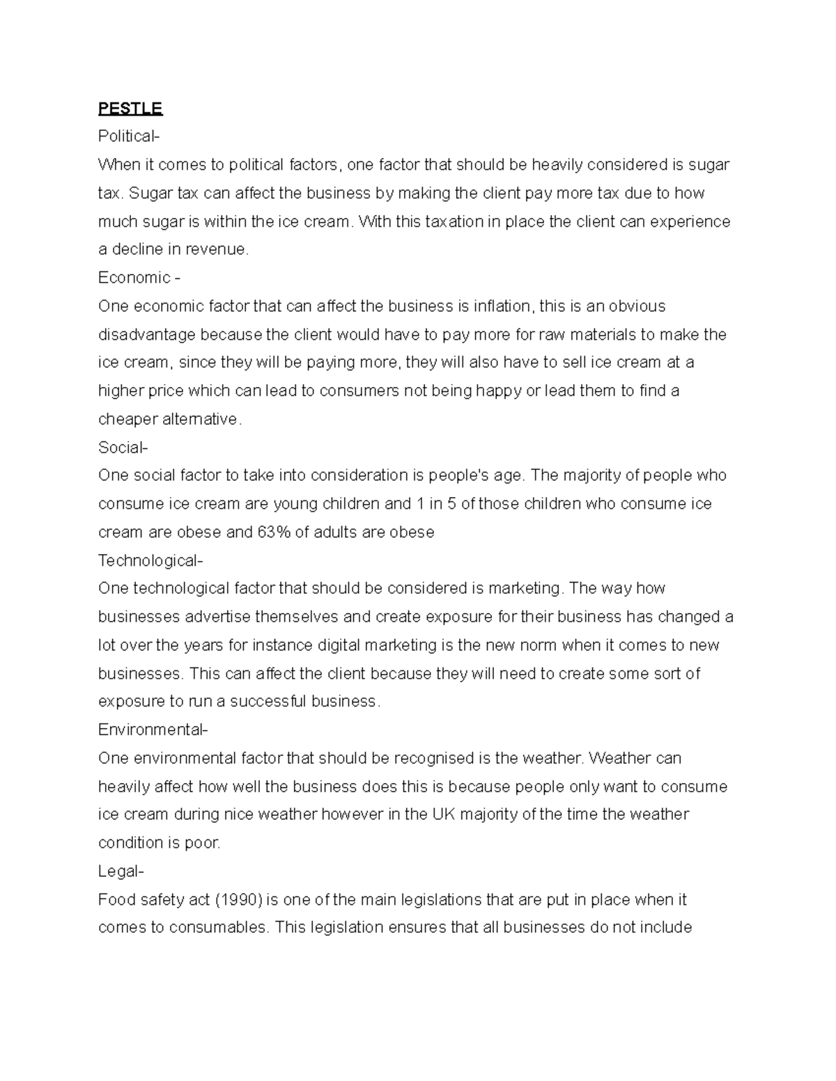 PESTLE Analysis for Unit 7: Ice Cream Business Considerations - Studocu