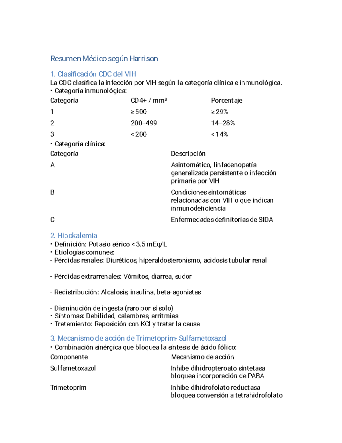 Resumen Médico VIH: Clasificación CDC y Hipokalemia TMP-SMX - Studocu