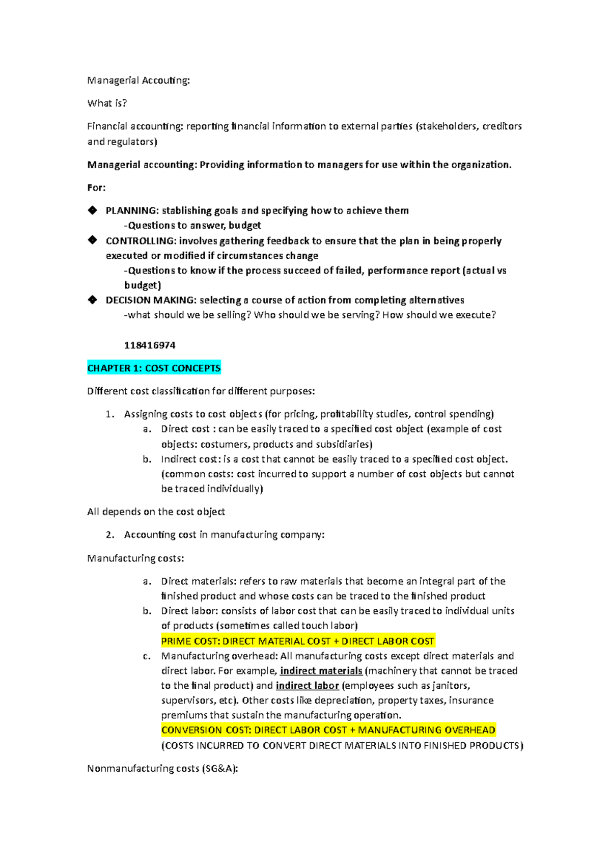 Managerial Accouting - Notes from chapter 1, 2, 3 and 5 - Managerial ...