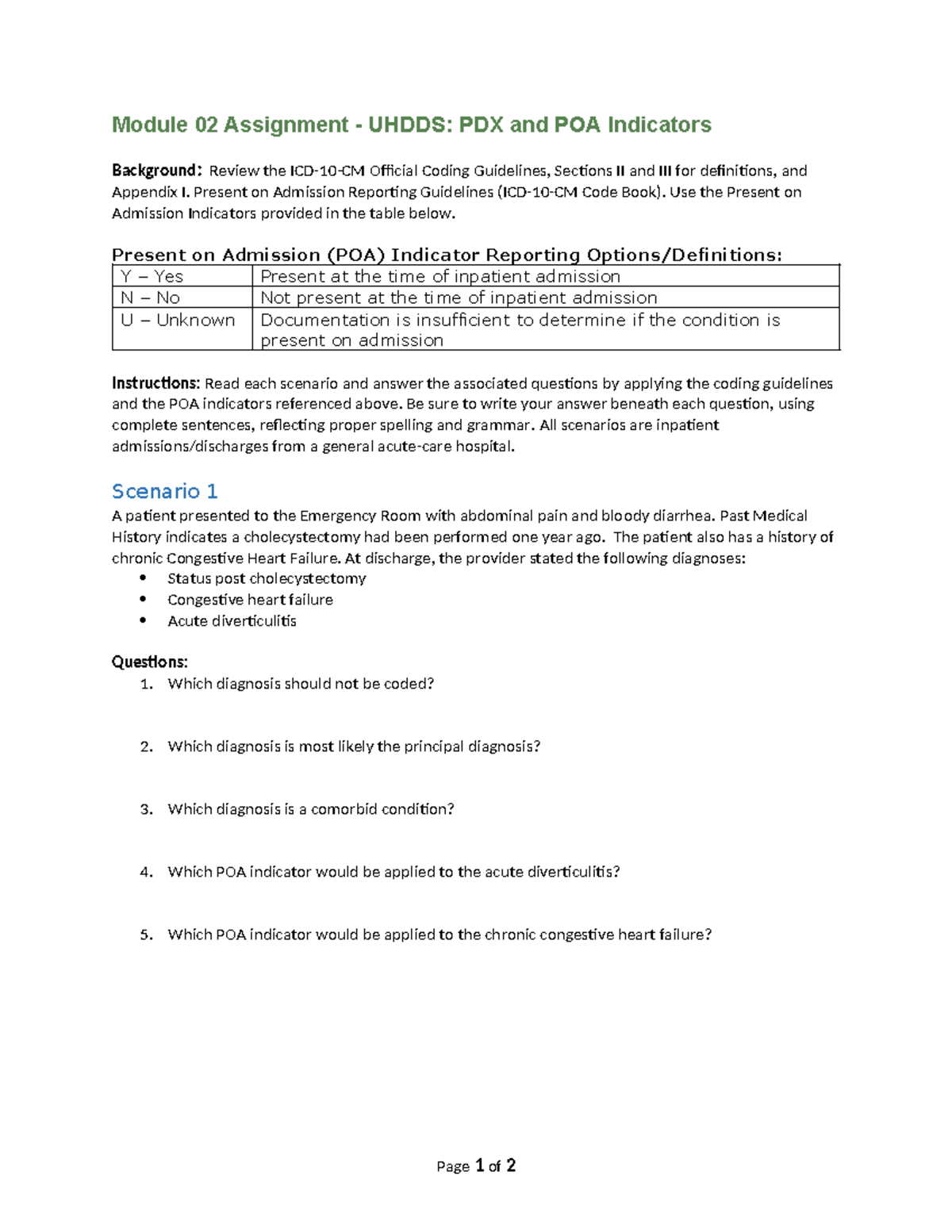 HIM1103 Module 2 UHDDS PDX and POA Worksheet Instructions and Scenarios ...
