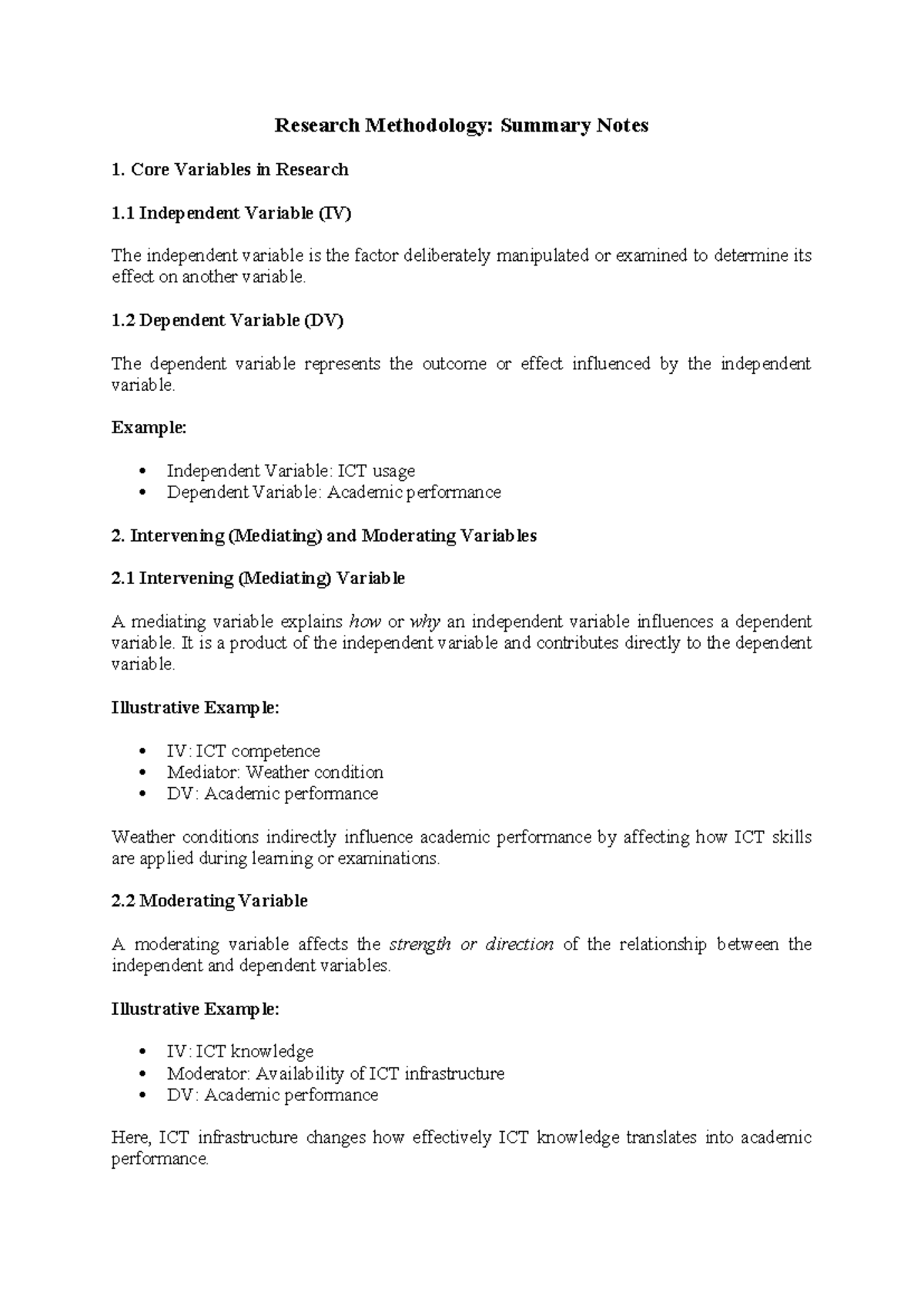 Research Methodology: Summary Notes on Core Variables and Frameworks ...