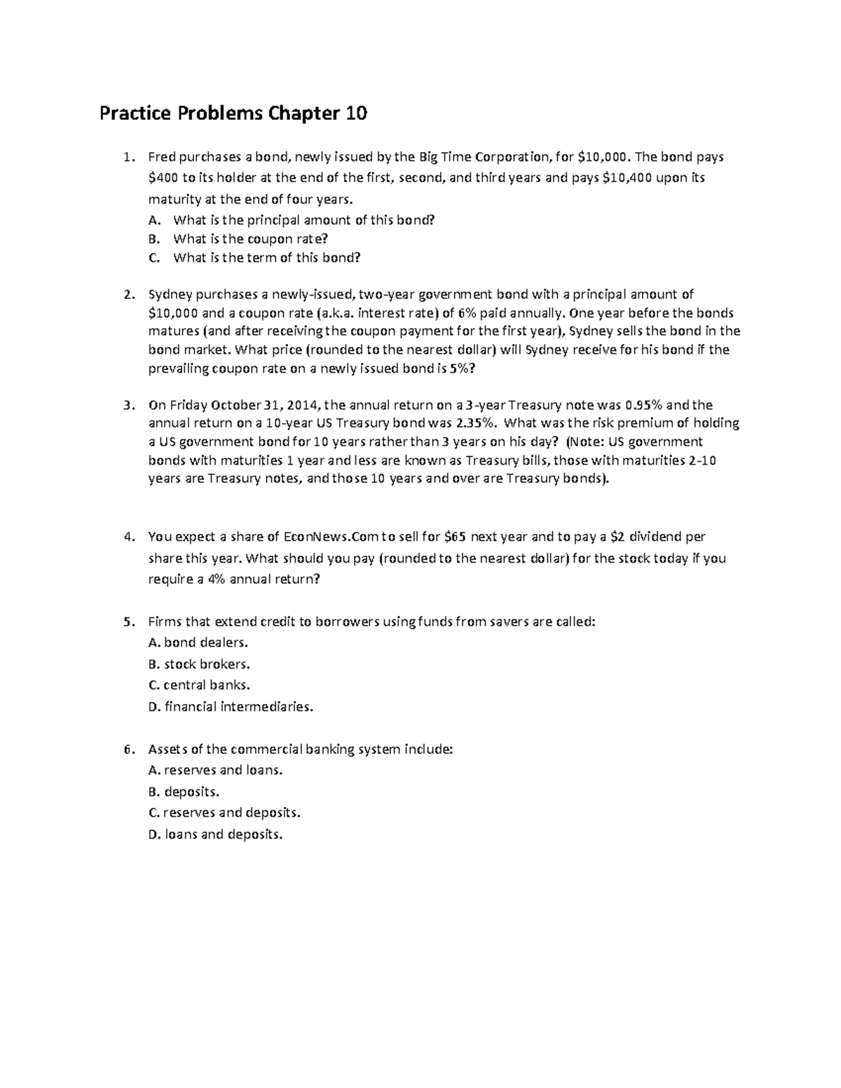 Practice Problems for Chapter 10 - Finance Concepts - Studocu