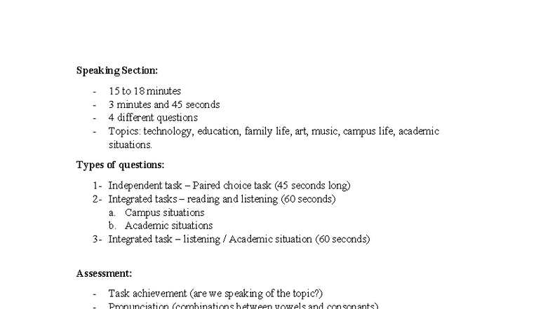 Speaking Section: Integrated Tasks Overview for Exam Preparation - Studocu