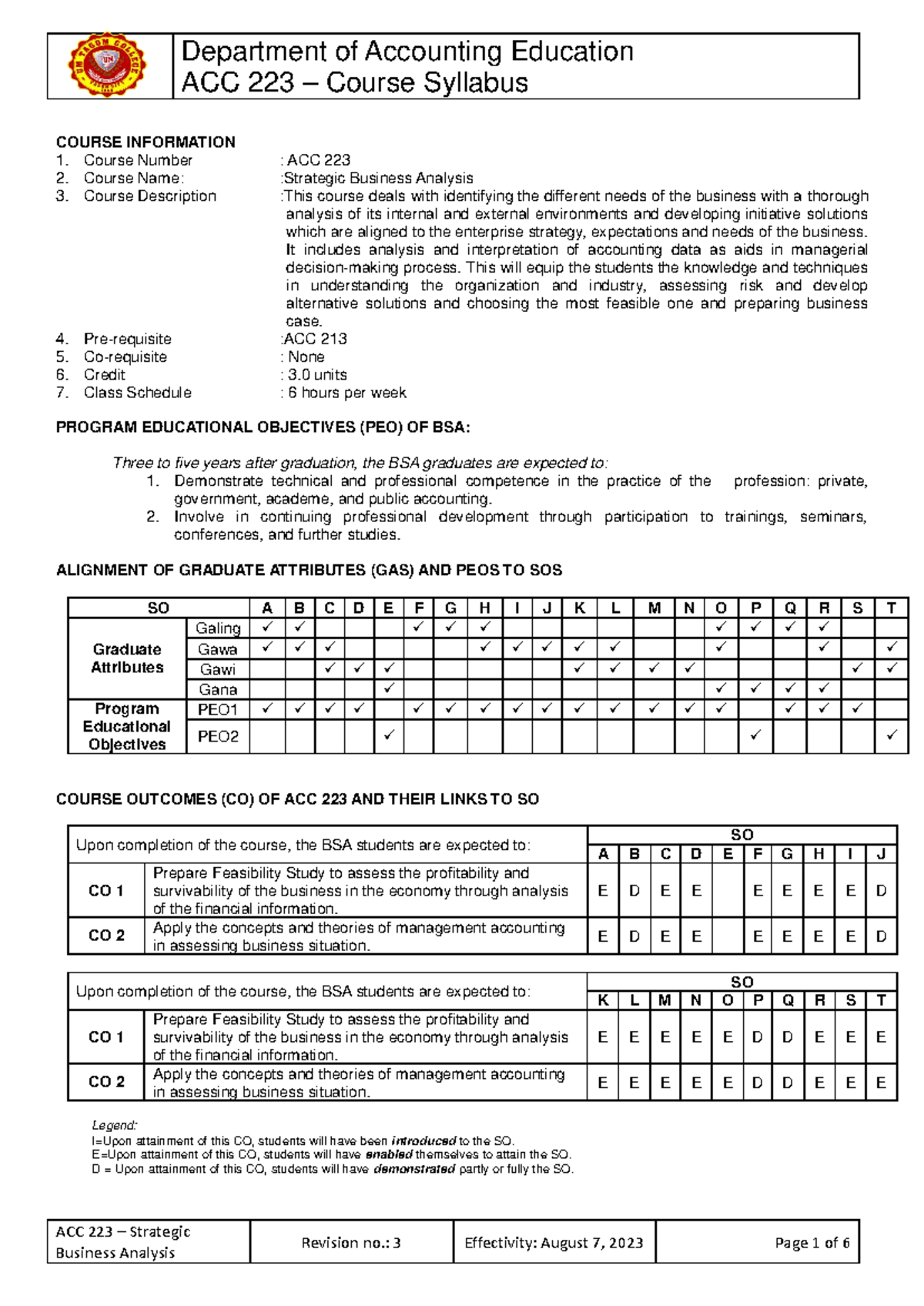 ACC 223 Strategic Business Analysis Course Syllabus (Rev 3) - Studocu