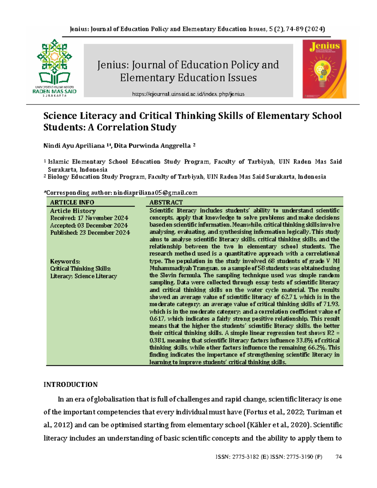 Correlation Study on Science Literacy and Critical Thinking Skills in ...