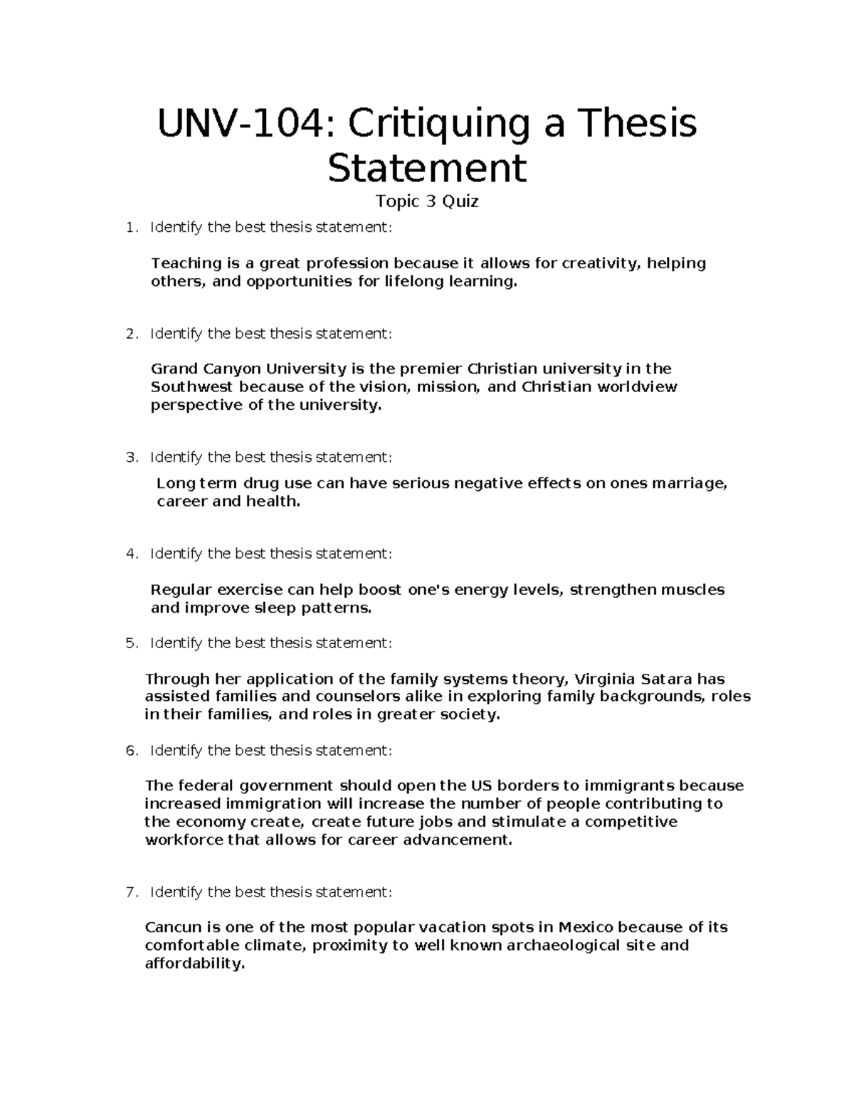 UNV-104 T3 QUIZ: Analyzing Effective Thesis Statements - Studocu
