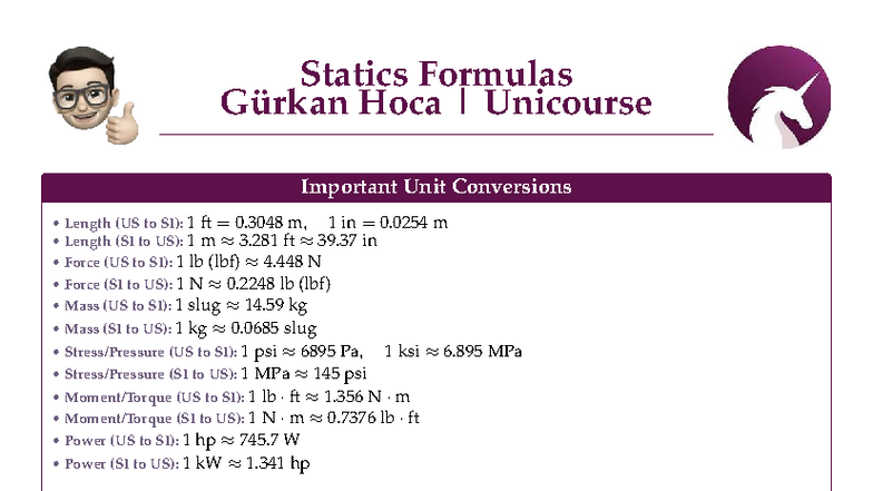 Statics Formulas and Unit Conversions for Course 2: Statik - Studocu