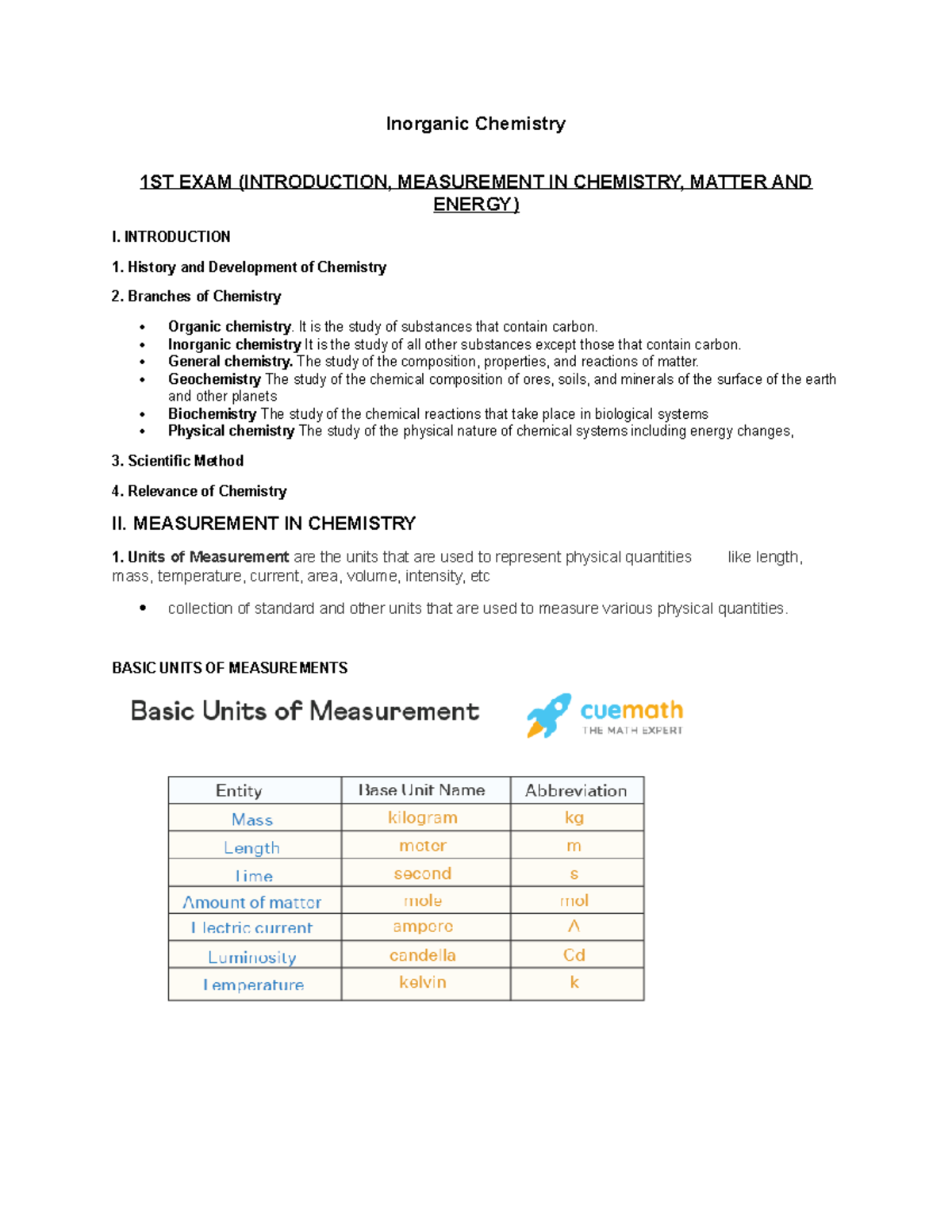 Inorganic Chemistry 1st Exam Notes: Measurement, Matter & Energy - Studocu