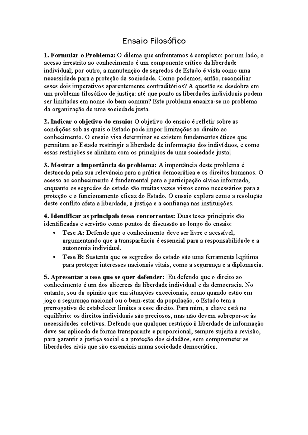 Ensaio Filosófico 1: O Dilema do Conhecimento e Liberdade - Studocu